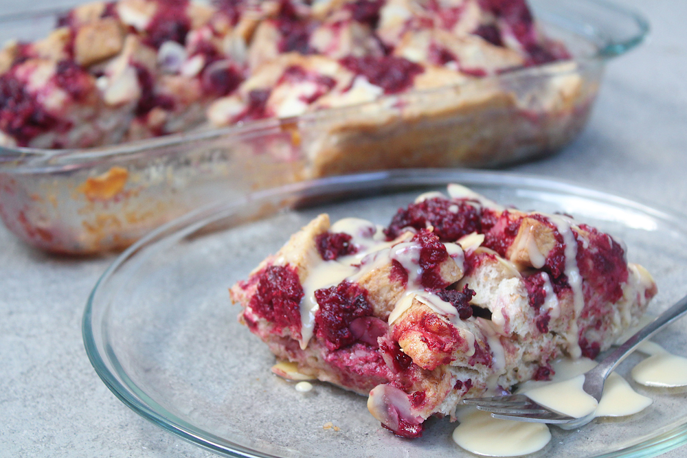 Raspberry, Almond, and White Chocolate Bread Pudding with Vanilla Cream ...